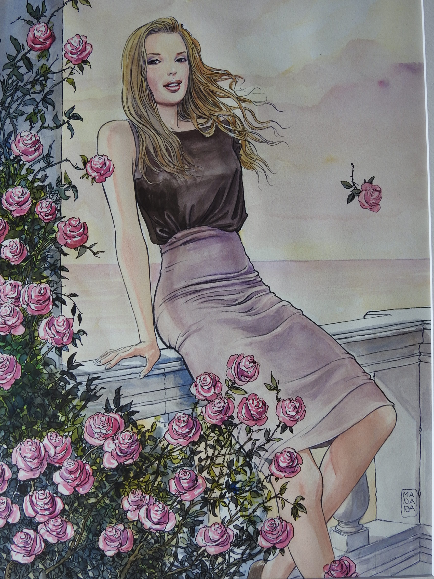Illustration Manara La femme aux roses - Illustration originale
