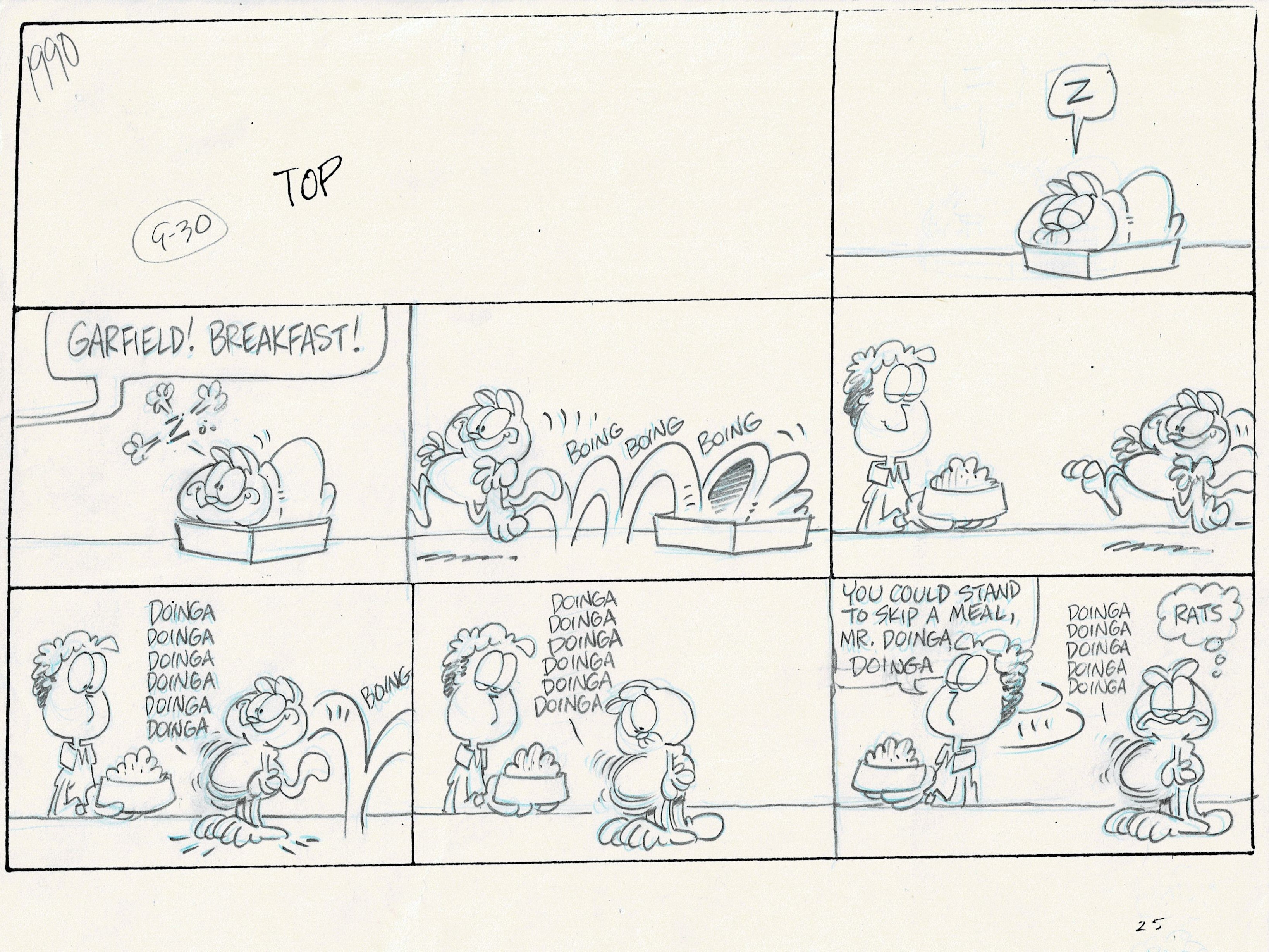 Garfield Sunday - preliminary pencil art by Jim Davis 30/09/1990 ...