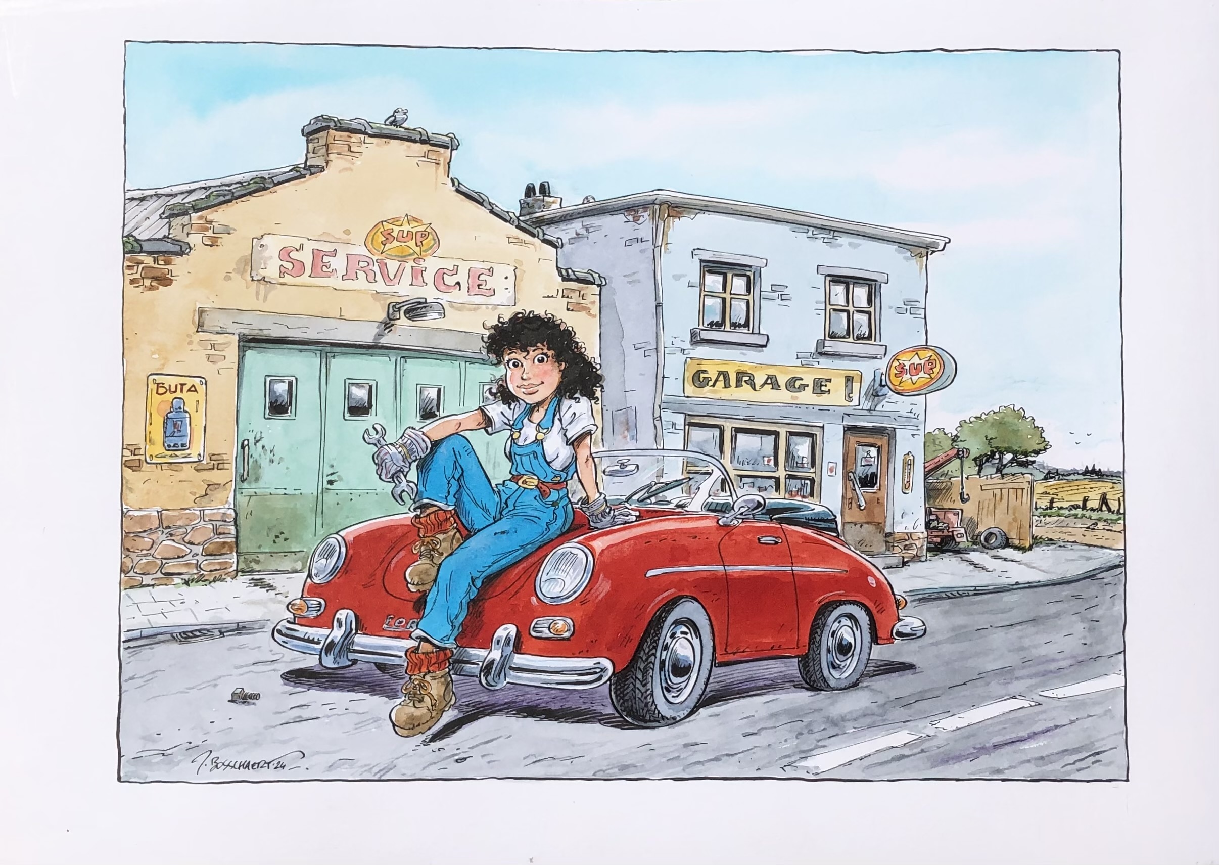 Jan Bosschaert, Sam, Porsche en garage - Illustration originale