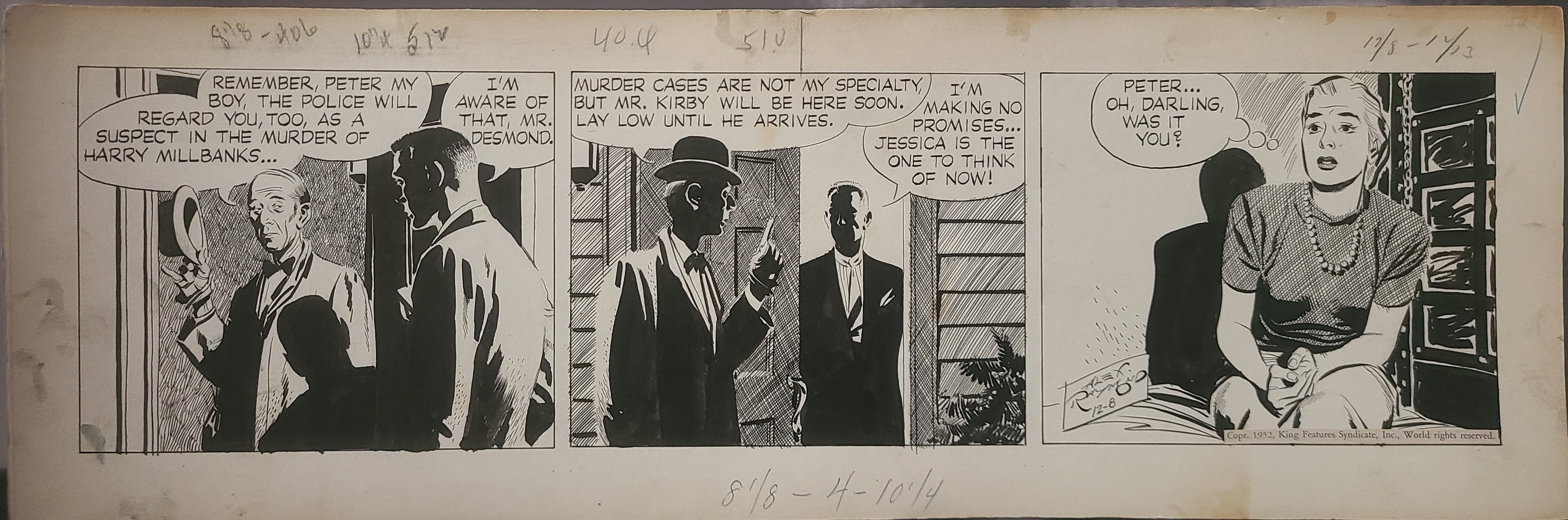 Alex Raymond, Rip Kirby - Daily du 08 décembre 1952 - Planche originale
