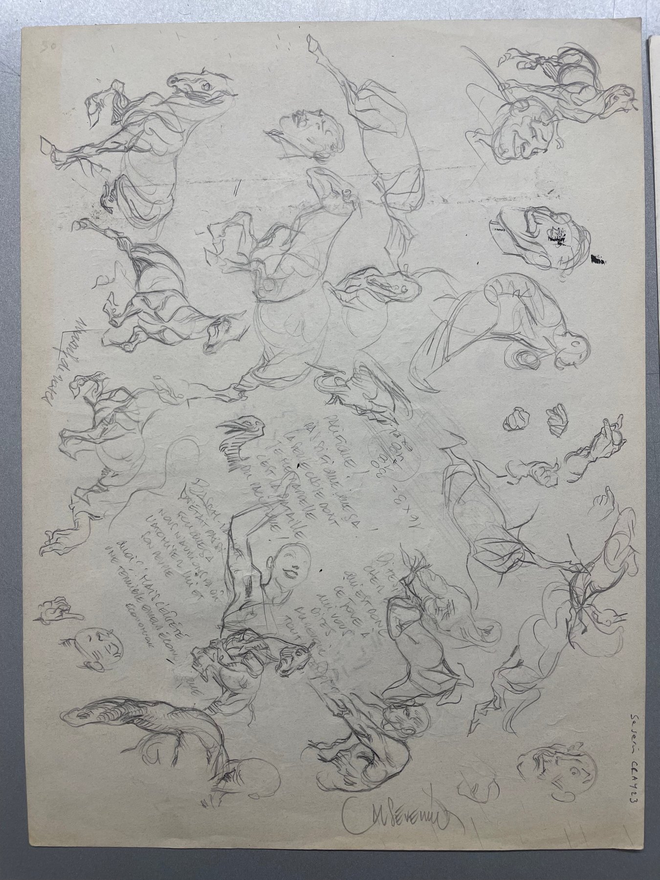 Al Severin, 2 pages d'étude de personnages et de chevaux (recto/verso ...